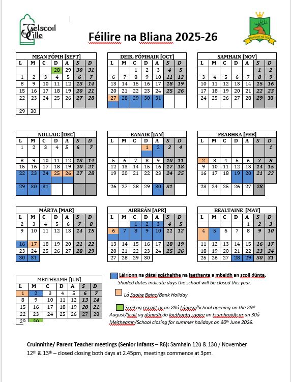 Féilire - Calendar - Gaelscoil na Cille